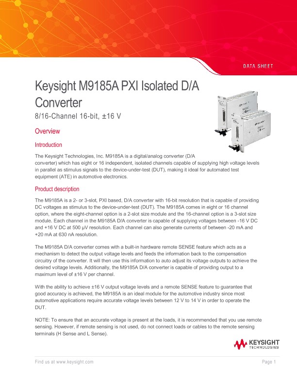 Keysight M9185A PXI Isolated D/A Converter PDF Asset Page | Keysight
